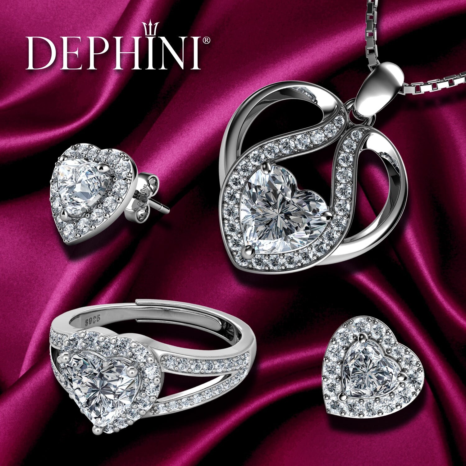 DEPHINI - Cute Jewellery Set - Heart Necklace Earrings & Ring - 925 ...