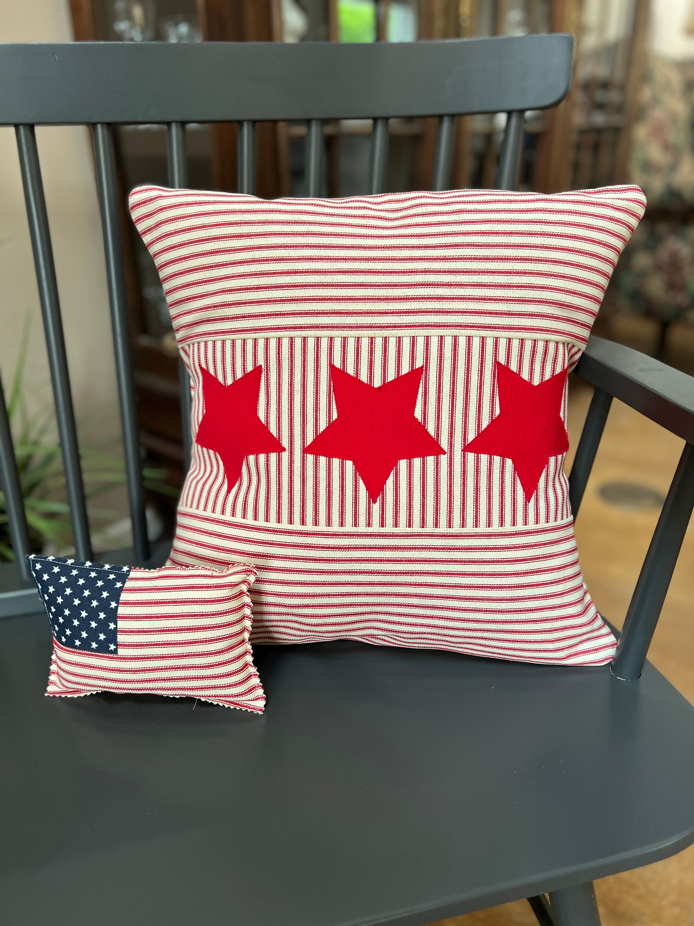 Americana Pillow Cover, Red White Ticking With Stars Pillow Cover ...
