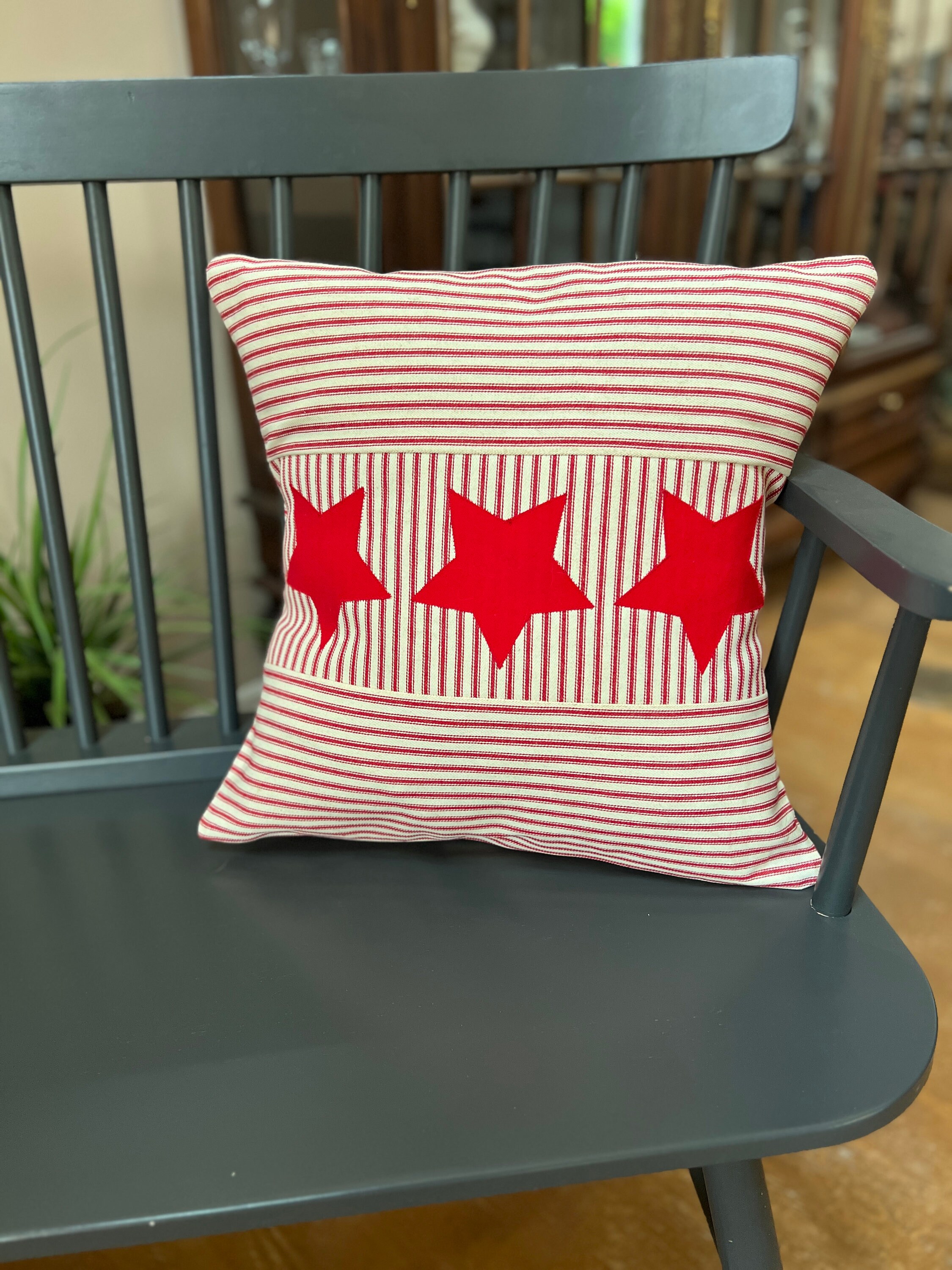Americana Pillow Cover, Red White Ticking With Stars Pillow Cover ...