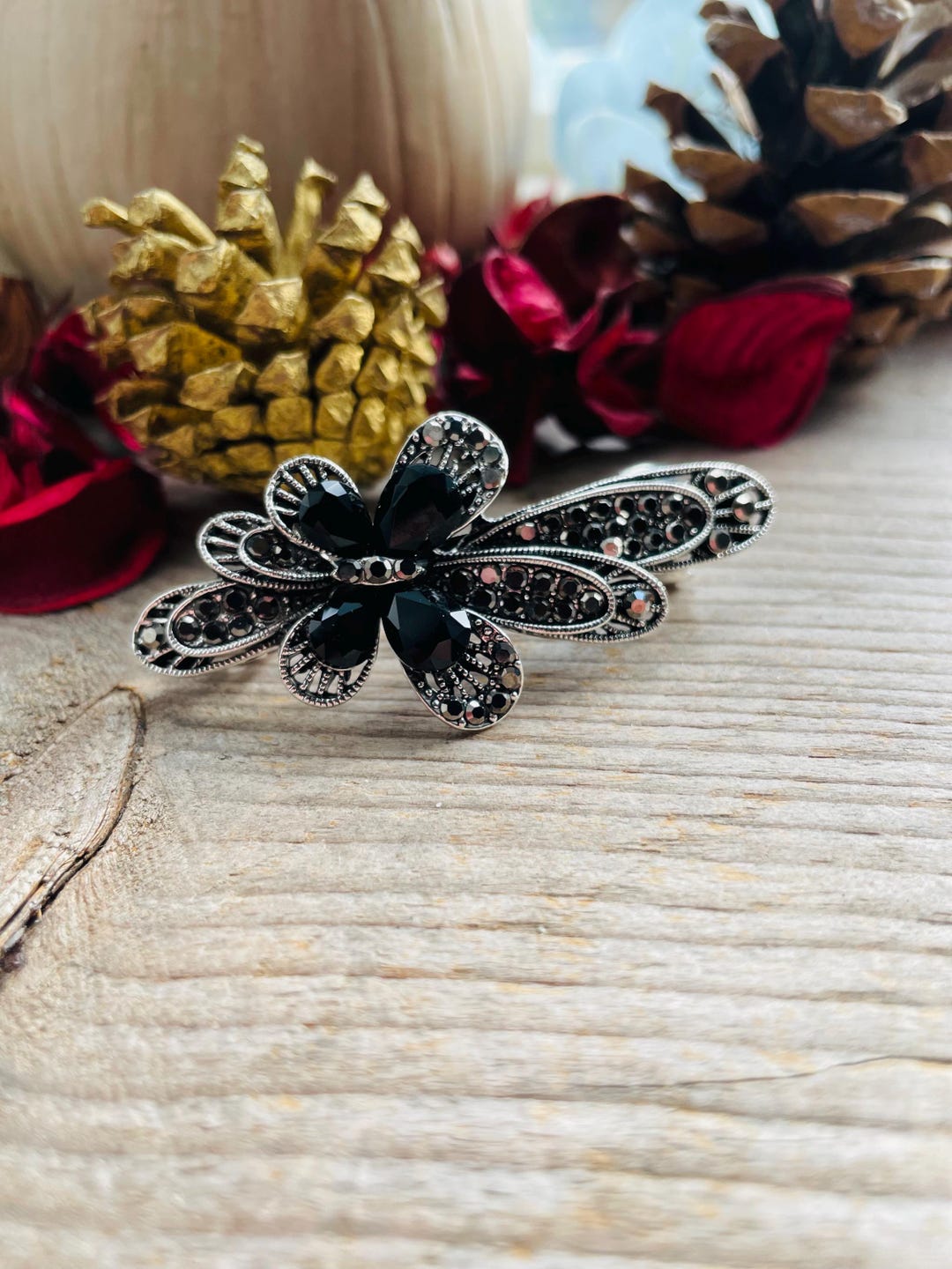 Art Deco Butterfly Crystal Hair Barrette Gorgeous Black and Grey Glass ...