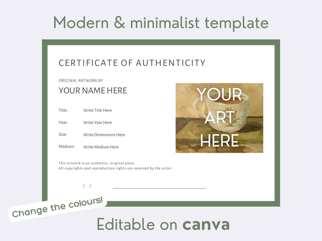 Minimalist Certificate of Authenticity Editable Canva Template for ...