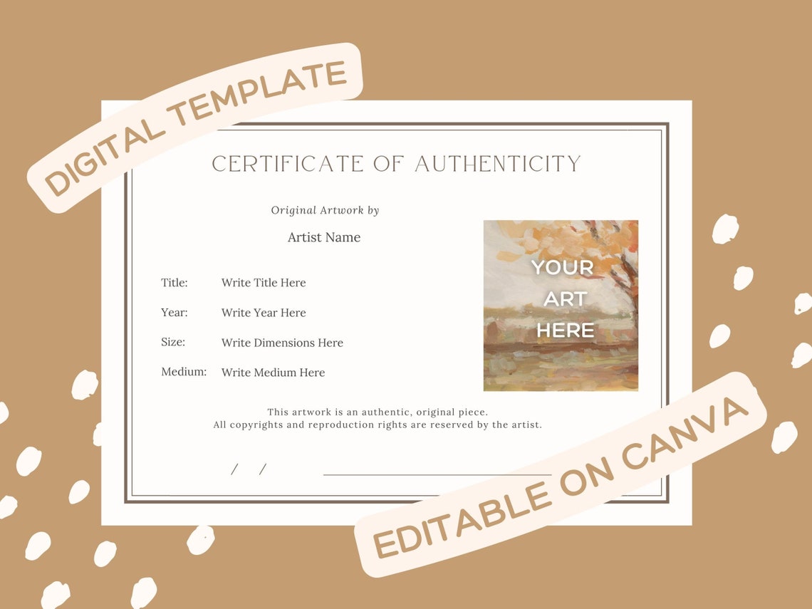 Certificate of Authenticity Editable Canva Template for Original Art ...