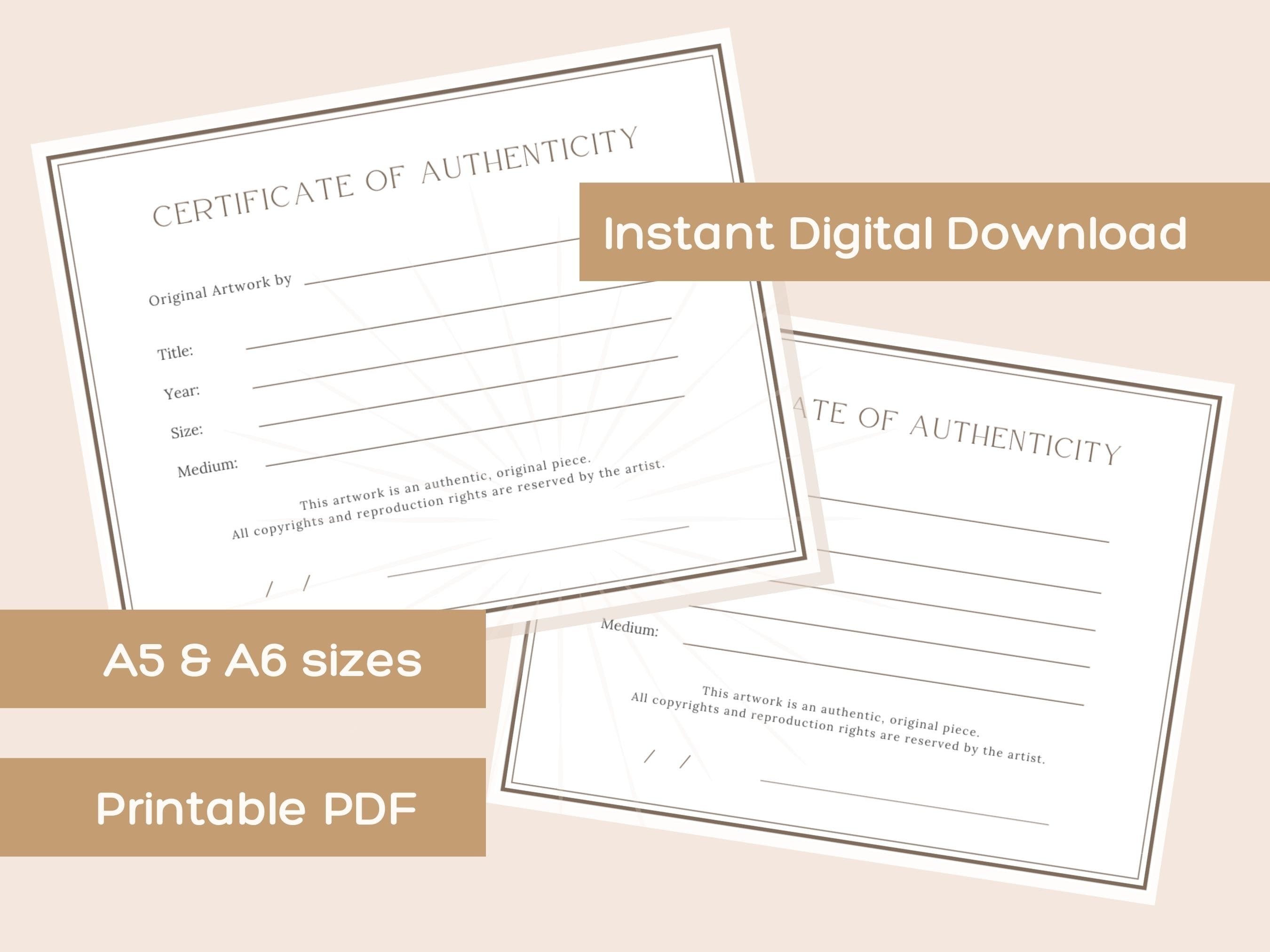 Certificate of Authenticity for Original Art, Printable Digital PDF for ...