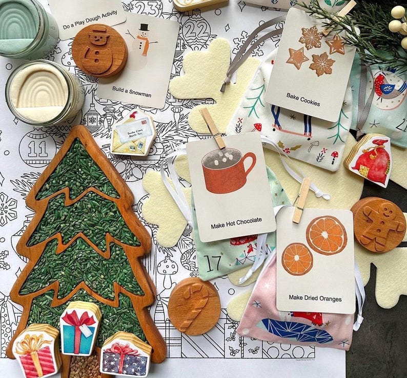 CHRISTMAS Cherry Wood Play Dough Stamp Set Wooden Toy Holiday Festive ...