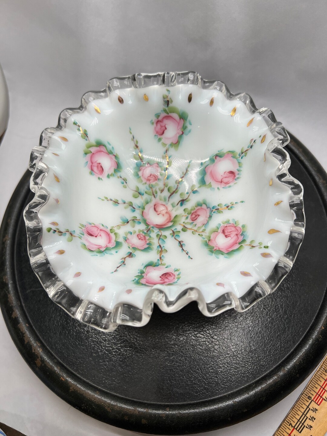 Fenton Charleton Roses Silver Crest Ruffled Footed Compote - Etsy