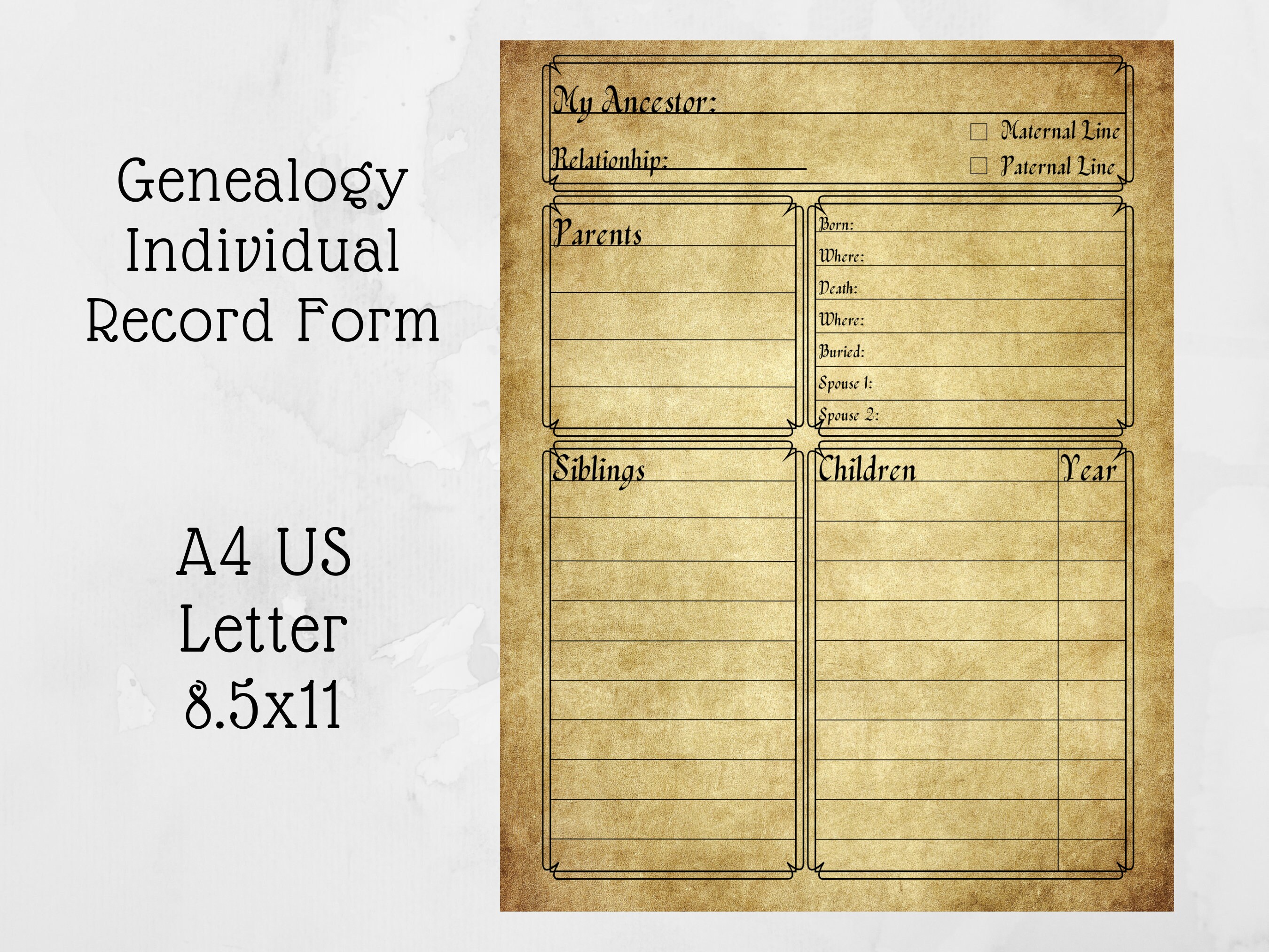 Genealogy Individual Record Printable Vintage Paper Keep - Etsy