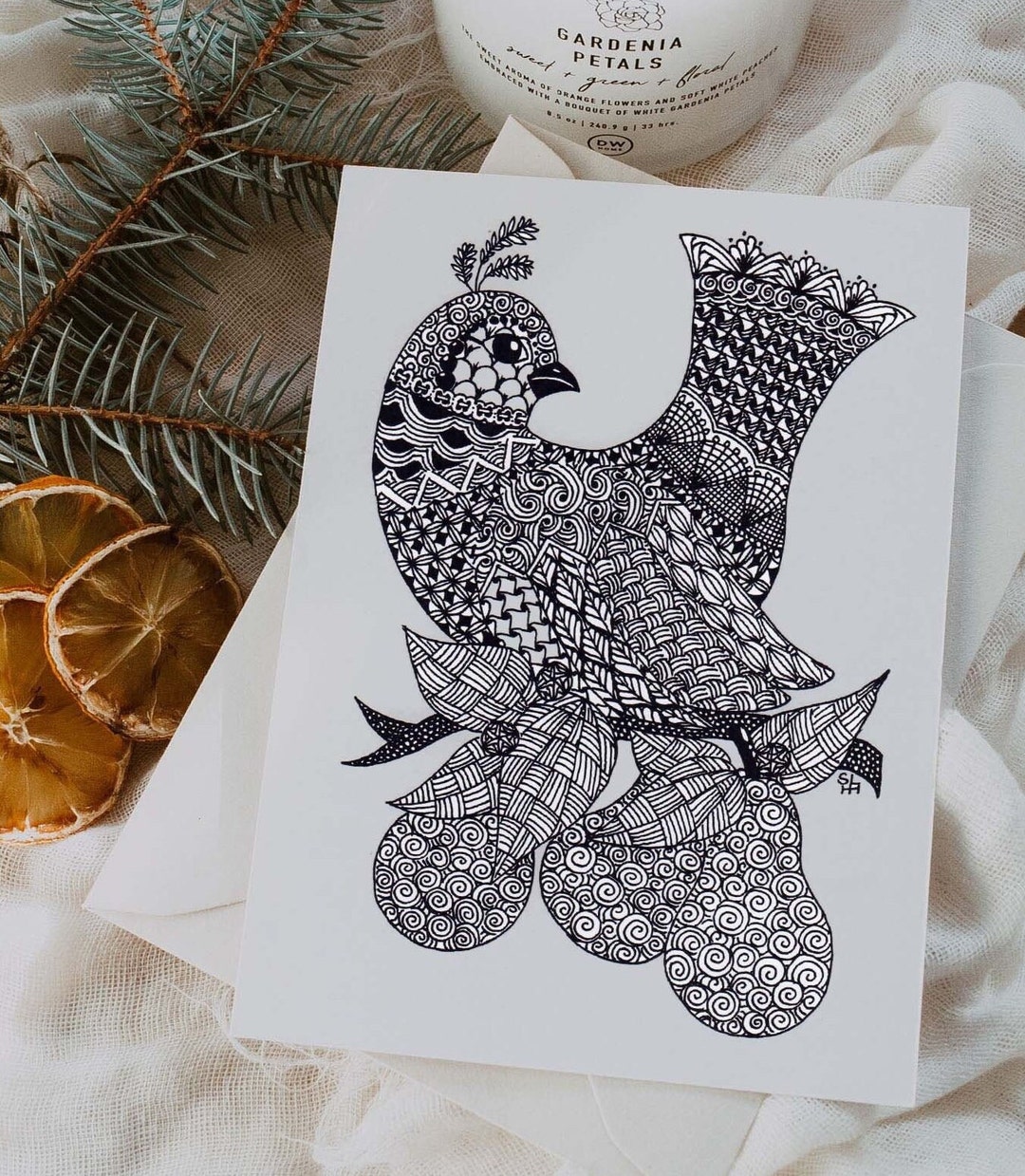 Zentangle, Greeting Card 5x7, Hand Drawn, Partridge in a Pear Tree ...