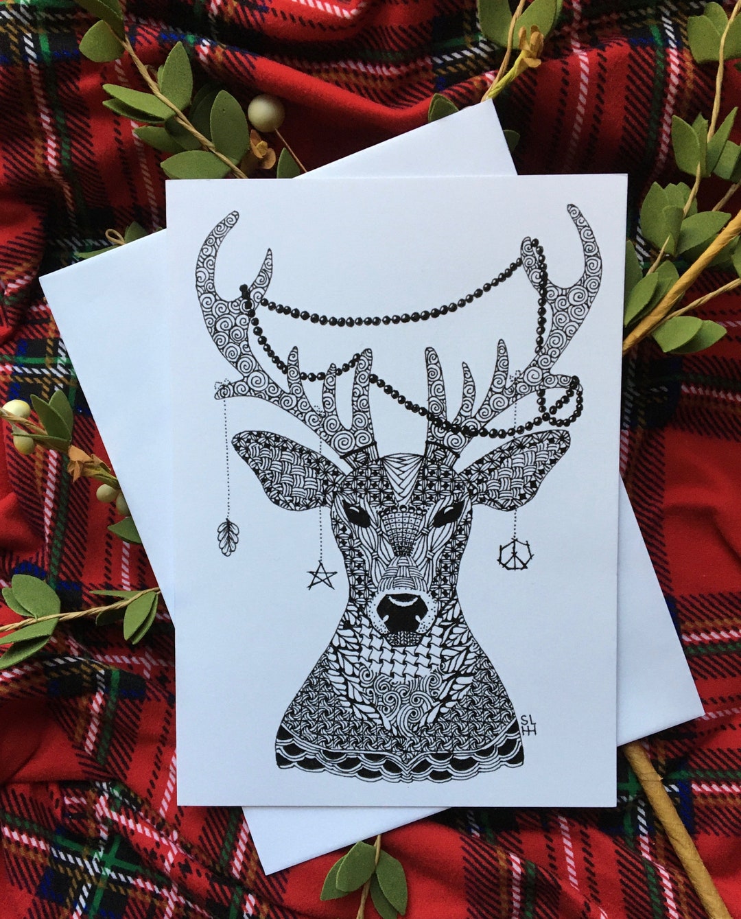 Zentangle, Greeting Card 5x7, Hand Drawn, Reindeer, Rudolph, Christmas ...