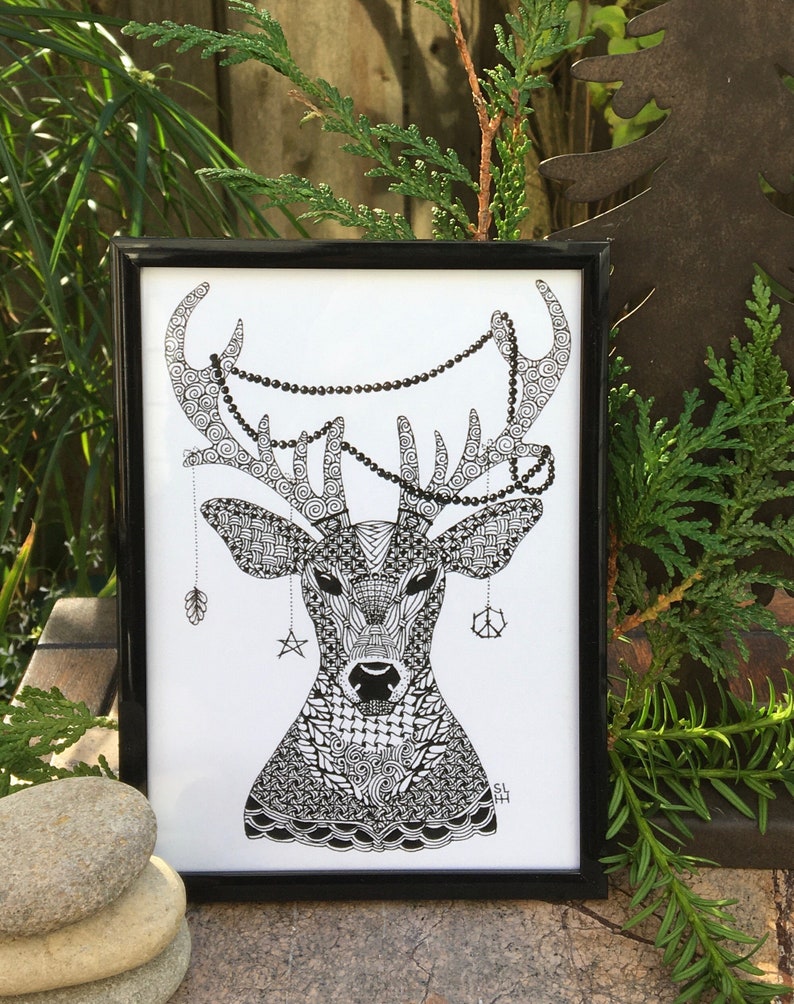 Zentangle, Greeting Card 5x7, Hand Drawn, Reindeer, Rudolph, Christmas ...