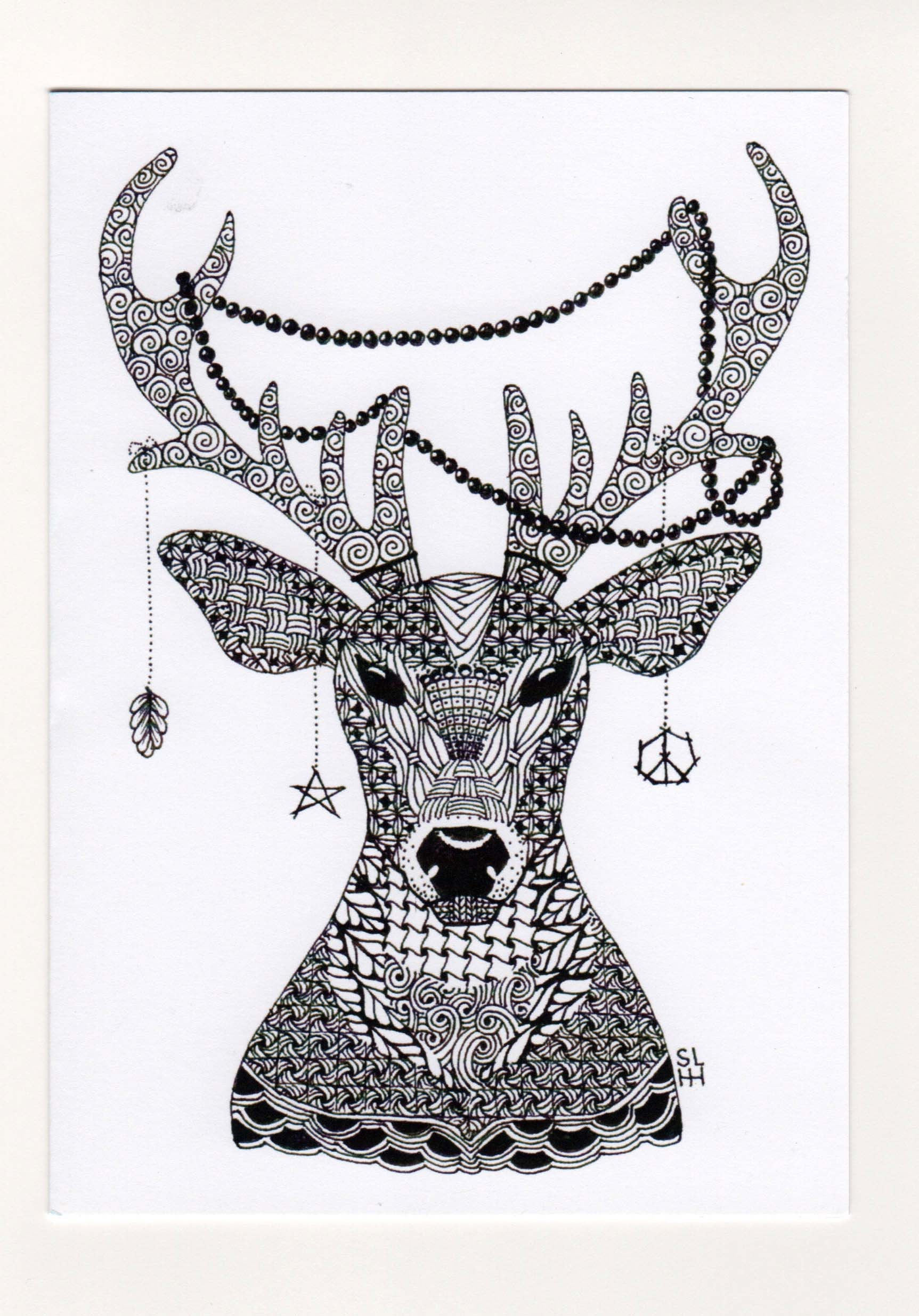 Zentangle, Greeting Card 5x7, Hand Drawn, Reindeer, Rudolph, Christmas ...