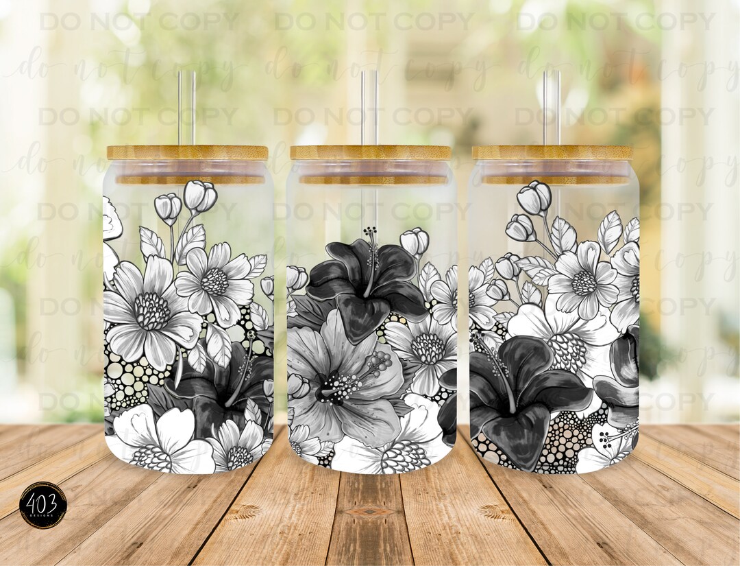 Black and White Floral Libby Glass Can UV DTF Transfer - Etsy