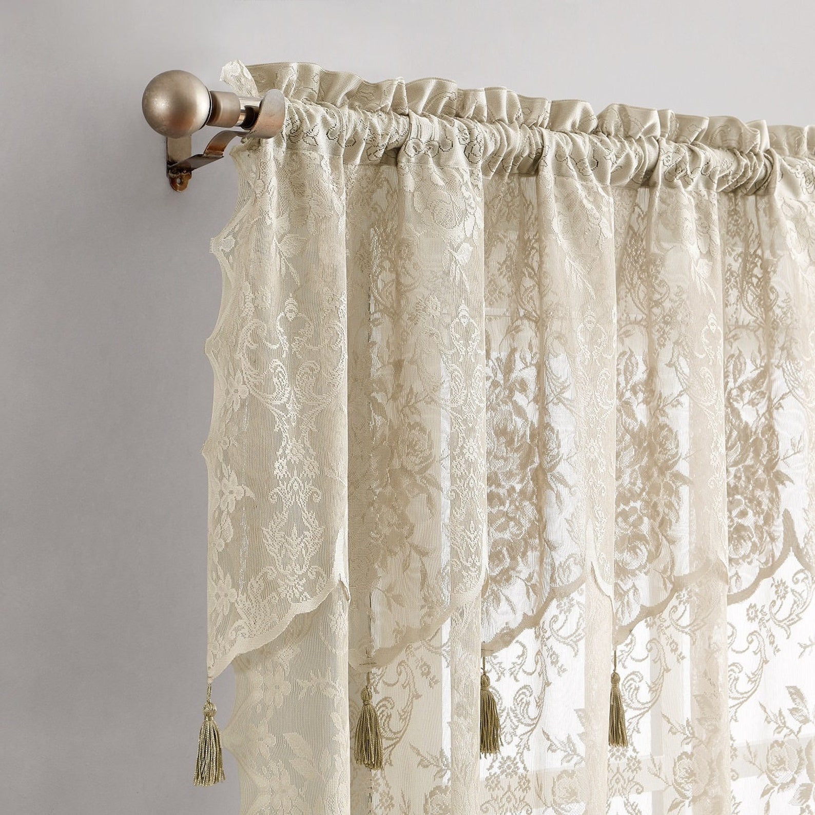 2 Semi Sheer Lace Curtains. Attached Valance & 6 Tassels on - Etsy