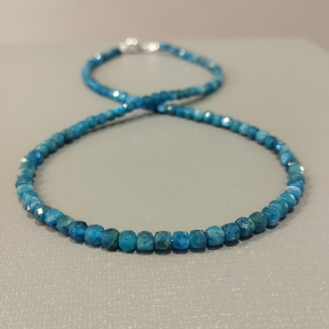 Genuine Blue Apatite Beaded Necklace-4mm Faceted Box Apatite Gemstone ...
