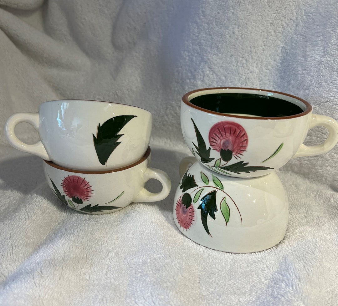 Four Vintage Stangl Pottery Cups, Mid Century, Pink Thistle Pattern - Etsy