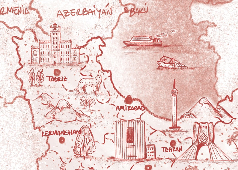 Map of Iran Illustrated - Poster for Print / Digital / Size: 70 X 50 CM ...