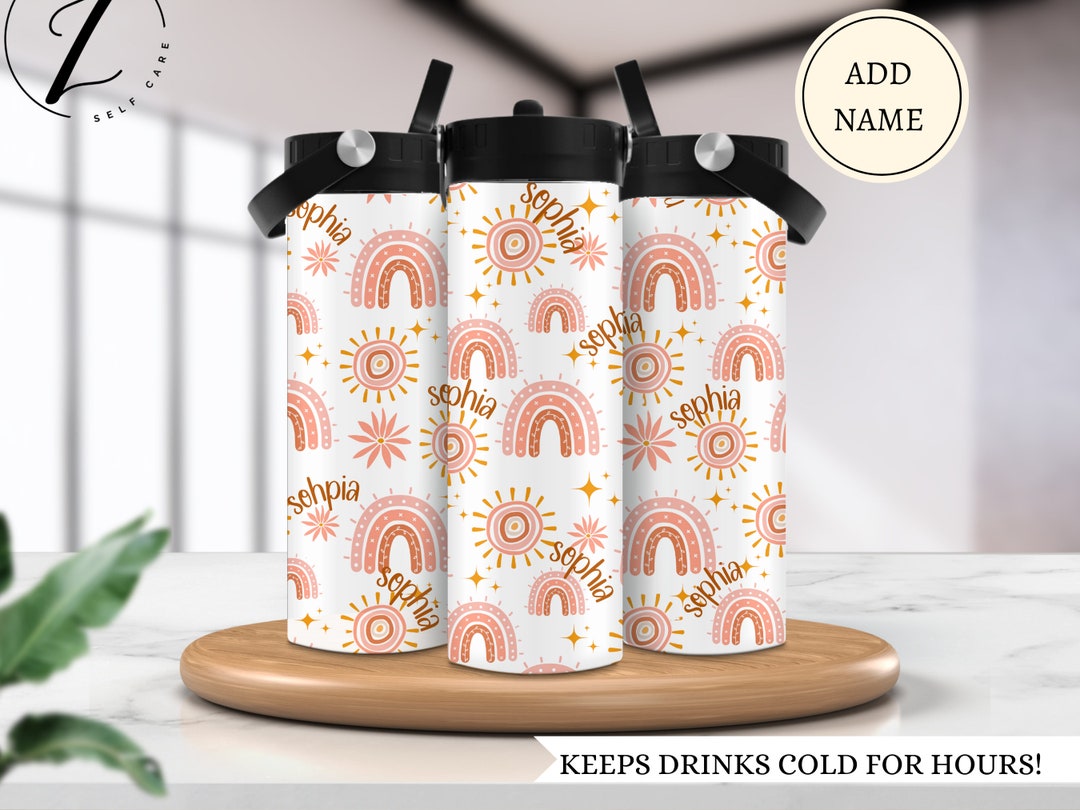 Boho Rainbow Water Bottle With Name, Custom Insulated Water Bottle for ...