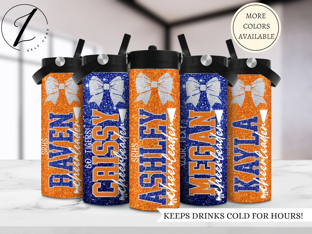 Cheerleader School Water Bottles, Blue and Orange Cheer Cups, Custom ...
