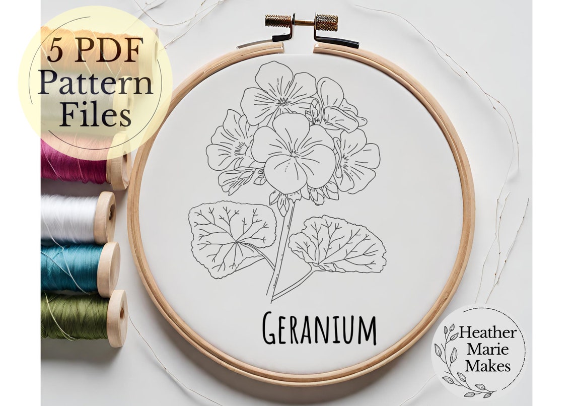 Geranium Hand Embroidery Design, 5 PDF Embroidery Hoop Digital Download ...