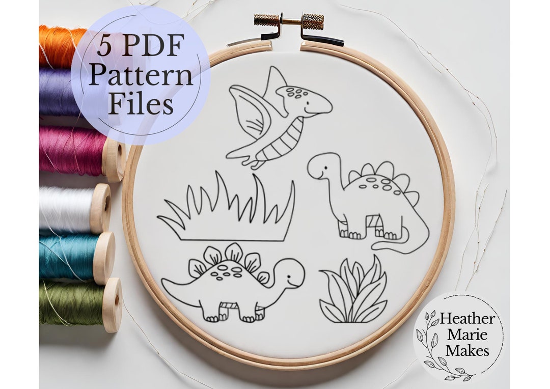 Dinosaur Hand Embroidery Design - PDF Embroidery File With 5 Sizes ...