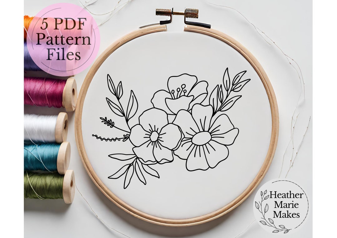 Simple Flower Hand Embroidery Design, 5 PDF Embroidery Hoop Digital ...