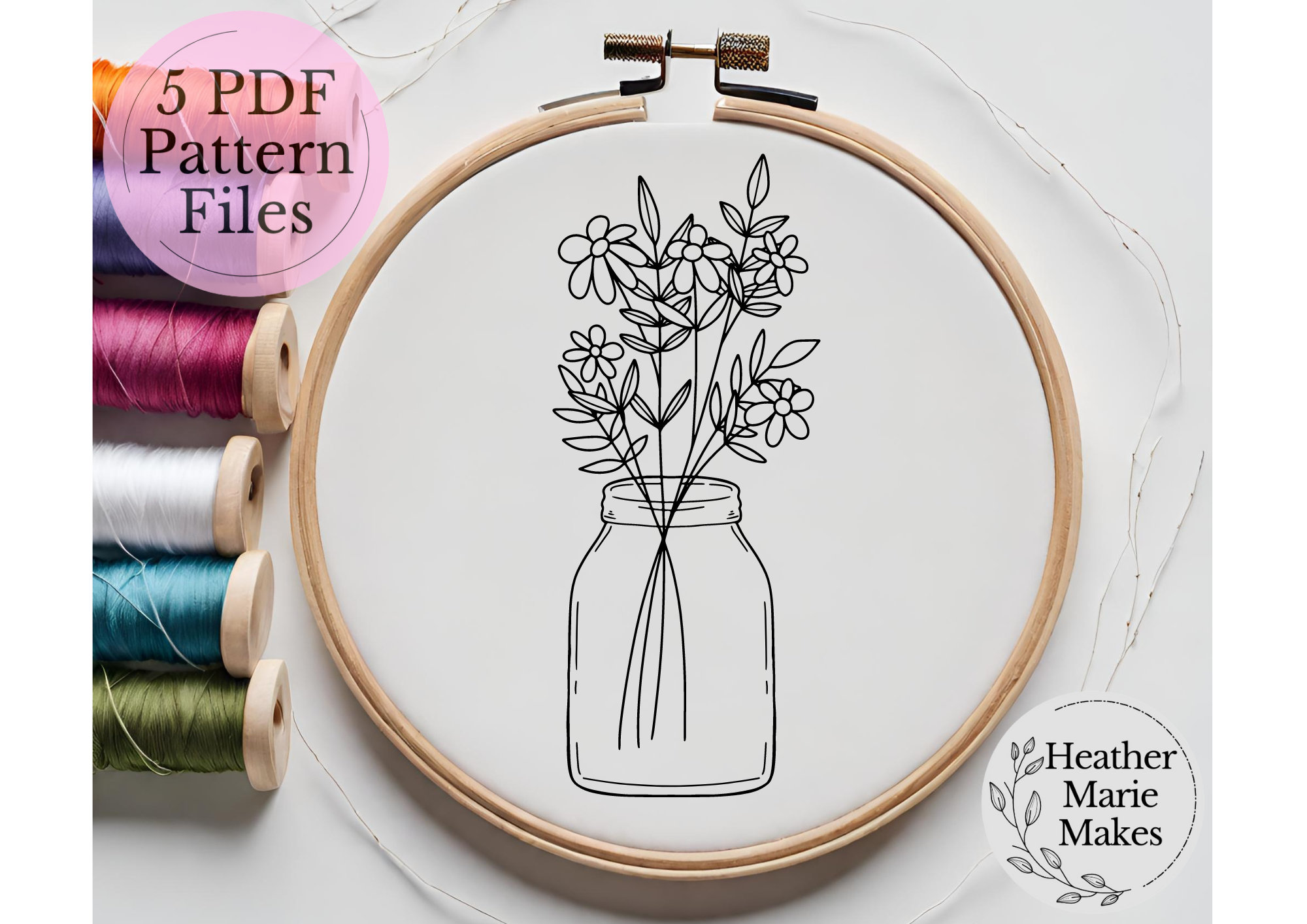 Flowers in A Vase Hand Embroidery Design, 5 PDF Embroidery Hoop Digital ...