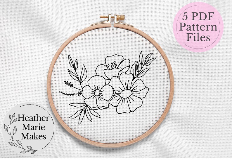 Simple Flower Hand Embroidery Design, 5 PDF Embroidery Hoop Digital ...