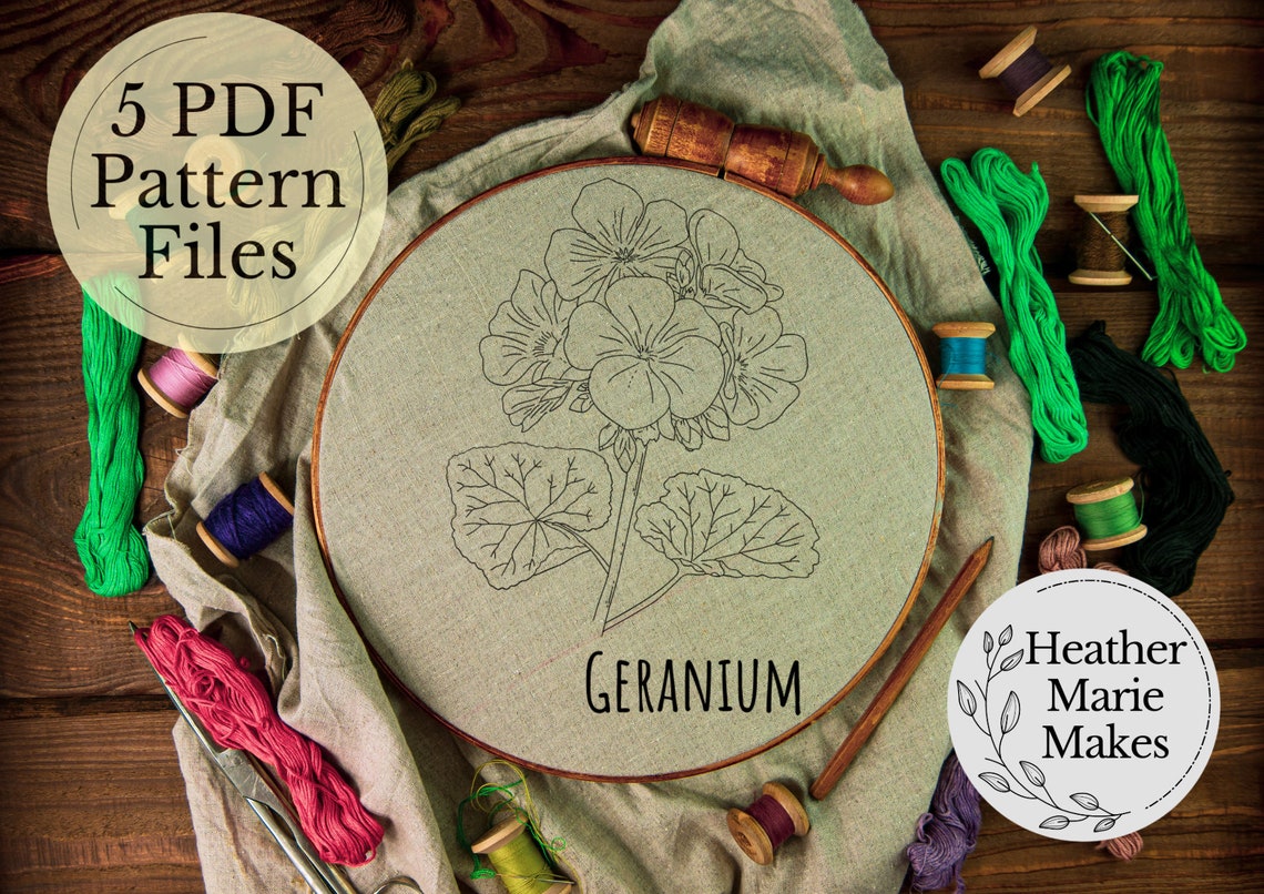 Geranium Hand Embroidery Design, 5 PDF Embroidery Hoop Digital Download ...