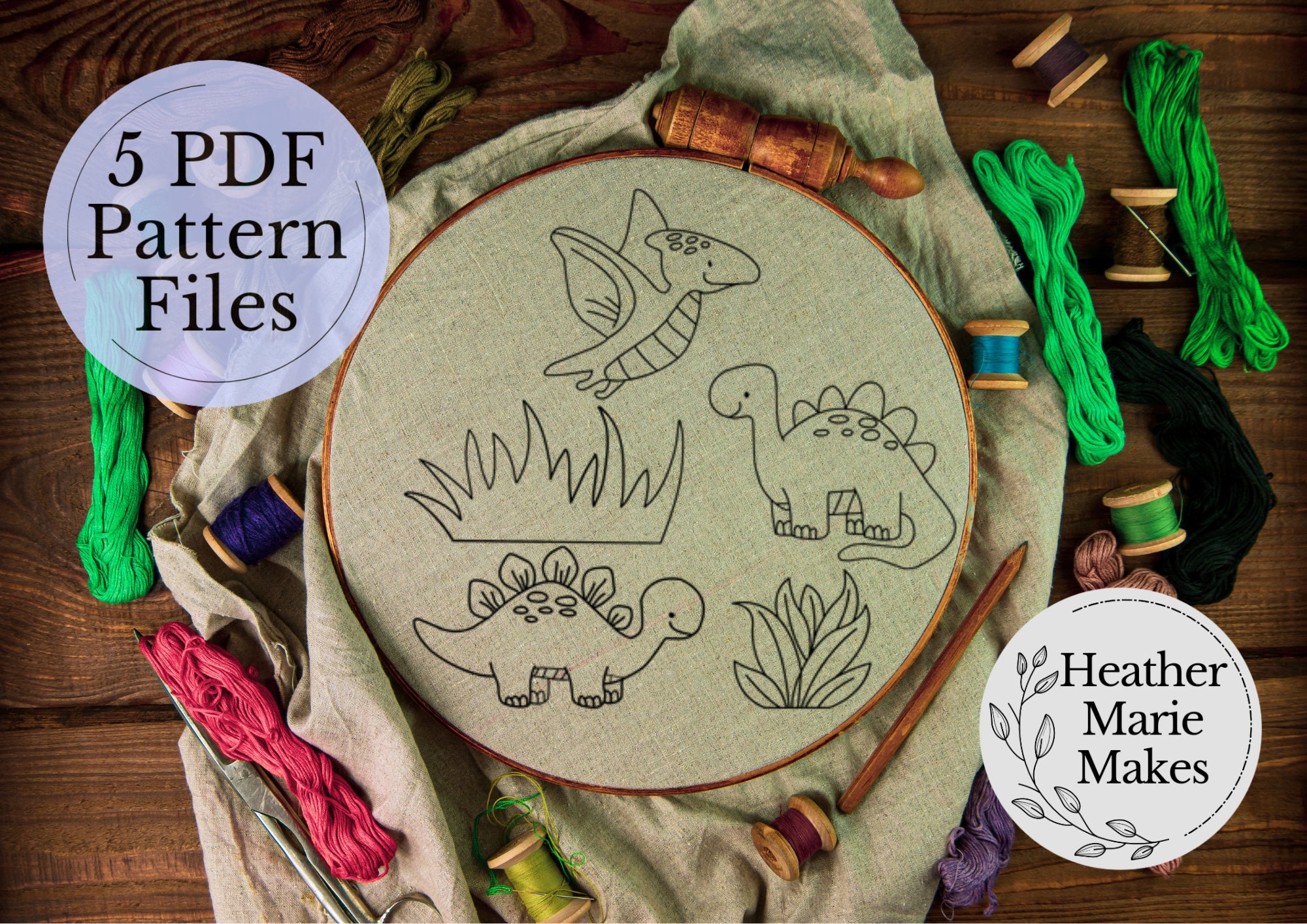 Dinosaur Hand Embroidery Design - PDF Embroidery File With 5 Sizes ...