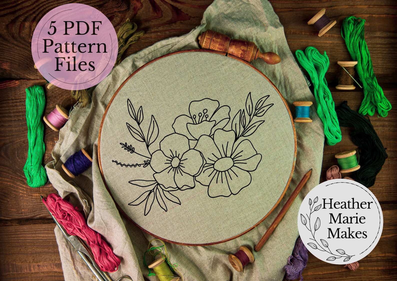 Simple Flower Hand Embroidery Design, 5 PDF Embroidery Hoop Digital ...