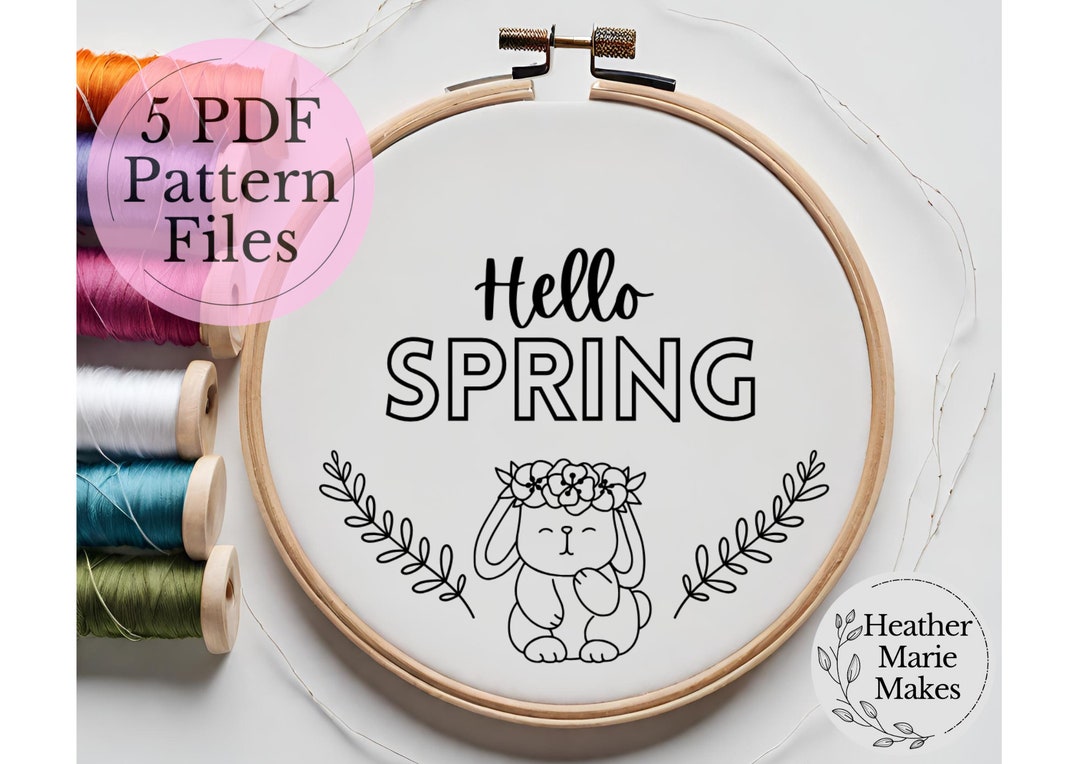 Hello Spring Hand Embroidery Design, 5 PDF Embroidery Hoop Digital ...