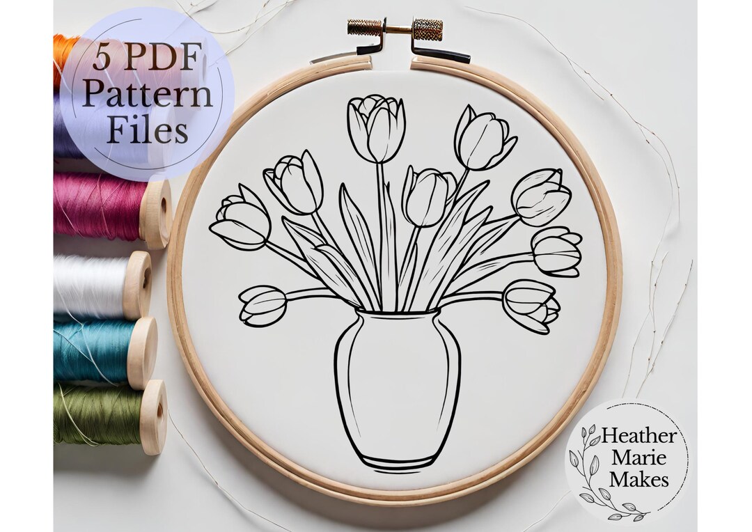 Tulip Hand Embroidery Design, 5 PDF Embroidery Hoop Sizes, Spring ...