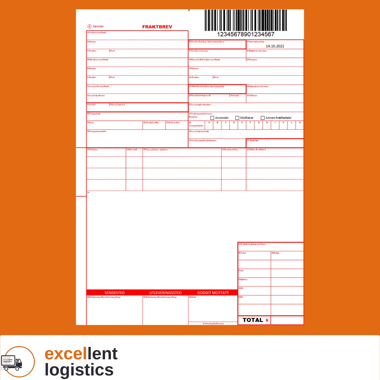 Norsk Standard Fraktbrev Mal Excel. - Etsy Finland