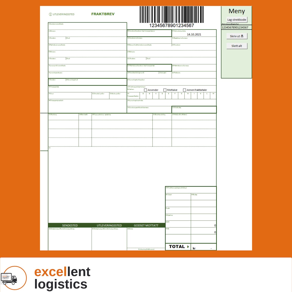 Norsk Standard Fraktbrev Mal Excel. - Etsy Finland