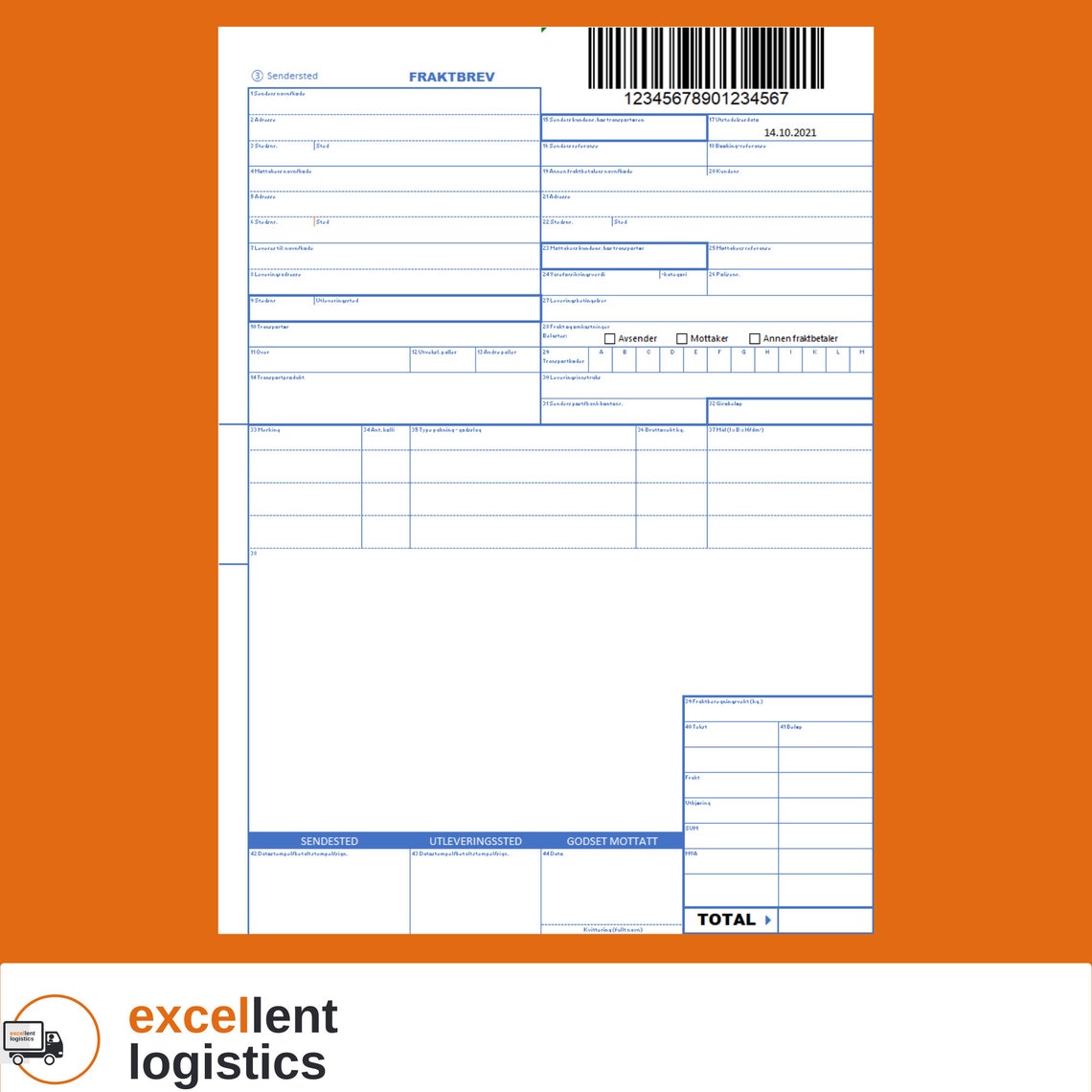 Norsk Standard Fraktbrev Mal Excel. - Etsy Finland