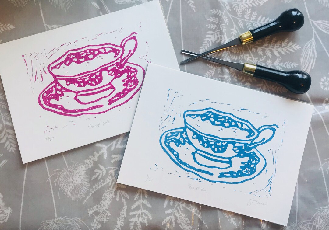 Tea Cup Linocut Print in Pink, Hand Printed - Etsy UK