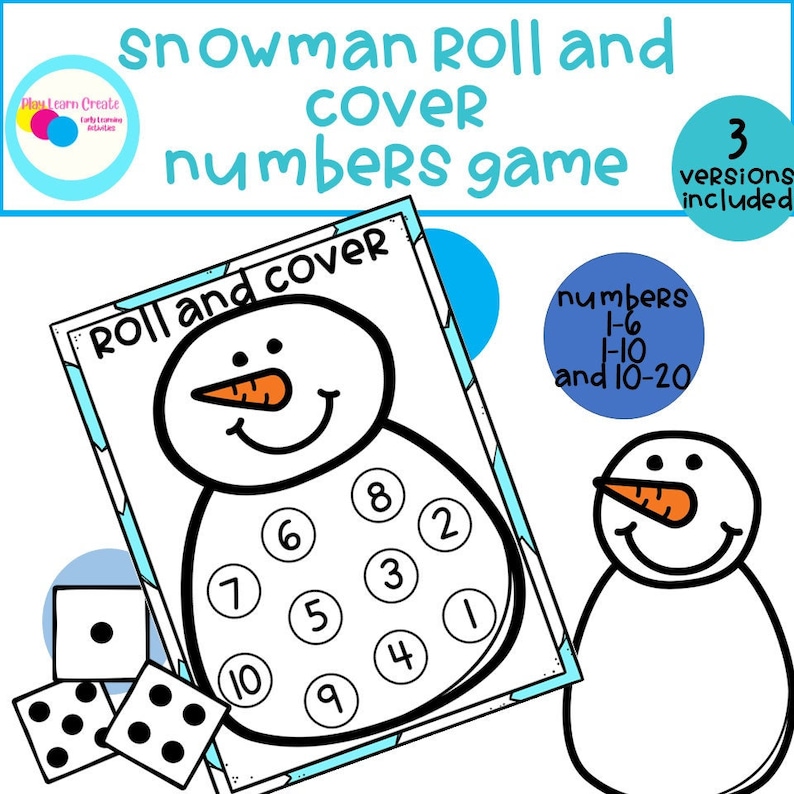 Snowman Theme Roll and Cover Game, Preschool Math, Kindergarten Math ...