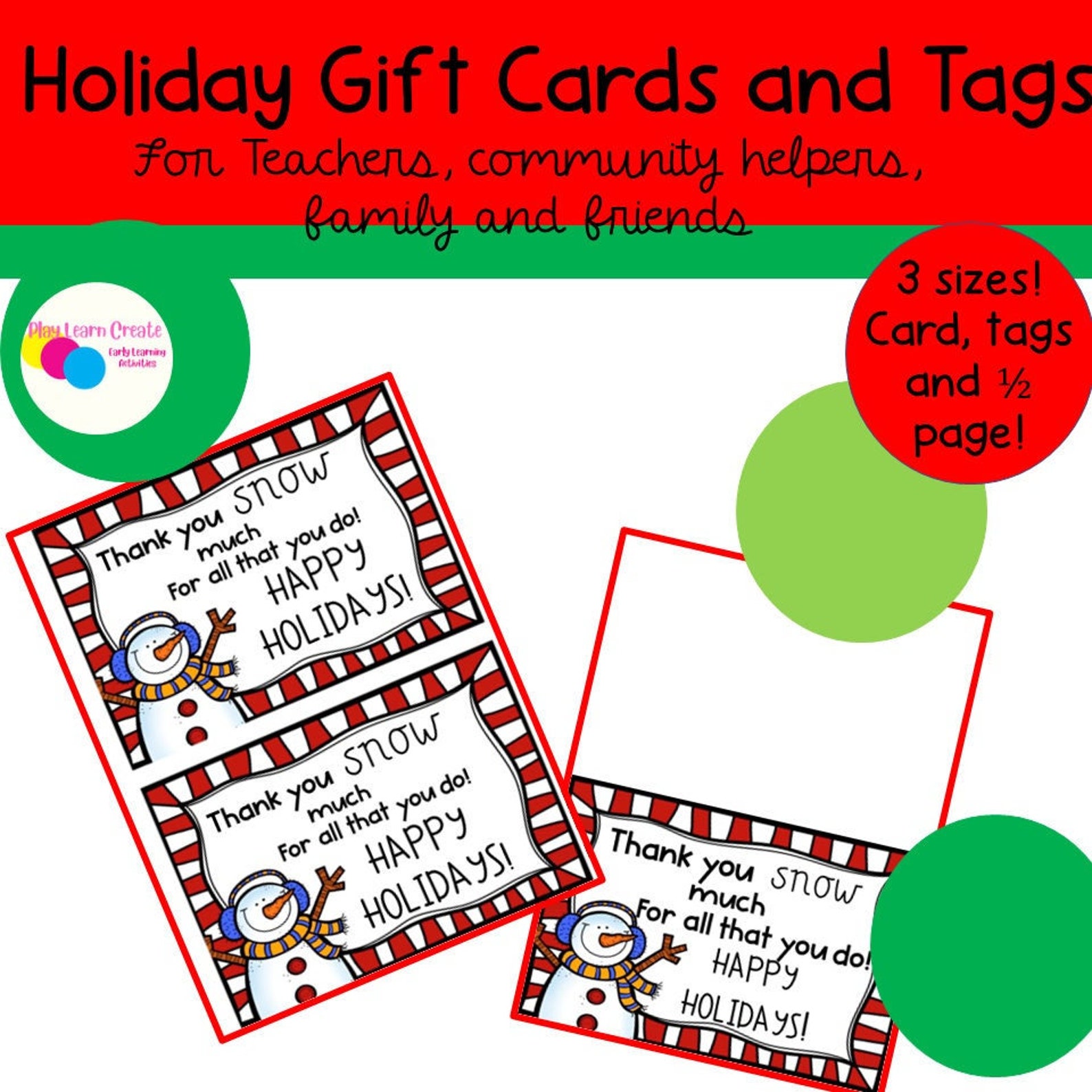 Holiday, Christmas Card, Gift Tag, Printable Gift Tag, Thank You Snow ...