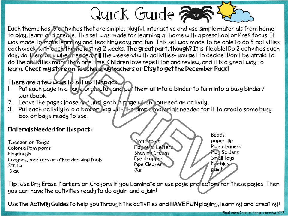 November Preschool Learning Binder, Spider Theme, Weather Theme ...