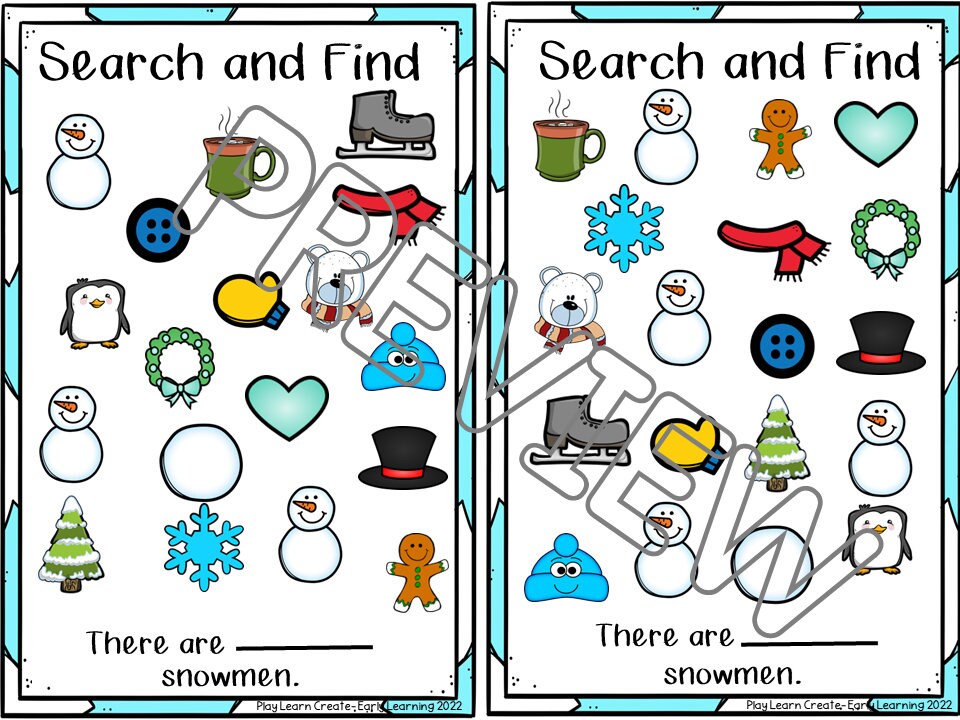 Snowman Theme Search and Count Game, Snowman Math Game, Snowman I Spy ...