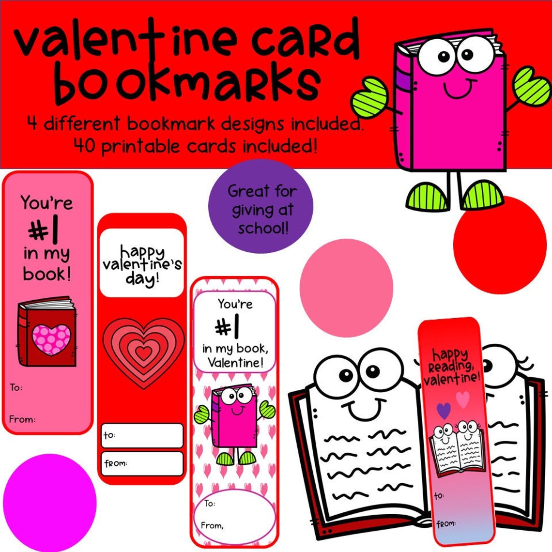 Printable Valentine Cards for Kids, Valentine Card Bookmarks, School ...