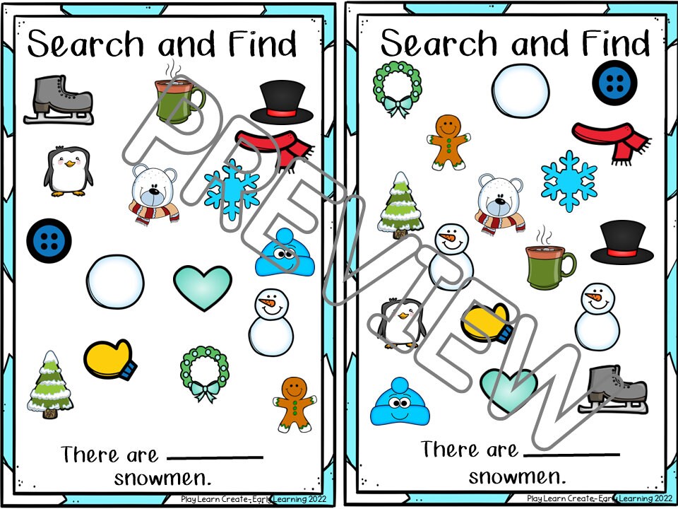 Snowman Theme Search and Count Game, Snowman Math Game, Snowman I Spy ...