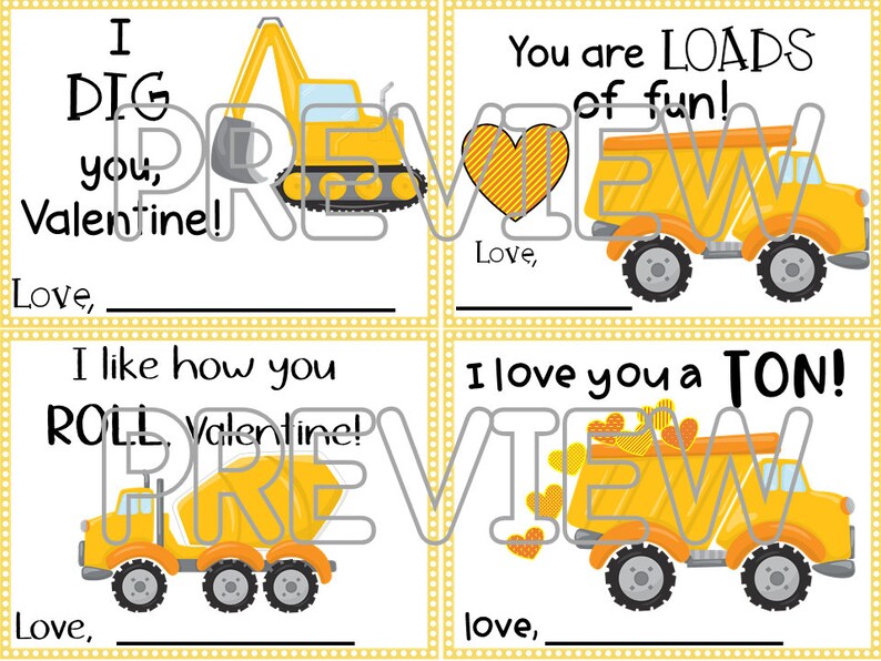 Construction Theme Valentine Cards, Valentine Tags, Printable, Dump ...