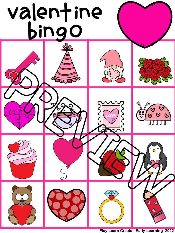 Valentine's Day Theme Bingo for Kids, Games for Toddlers, Valentine's ...