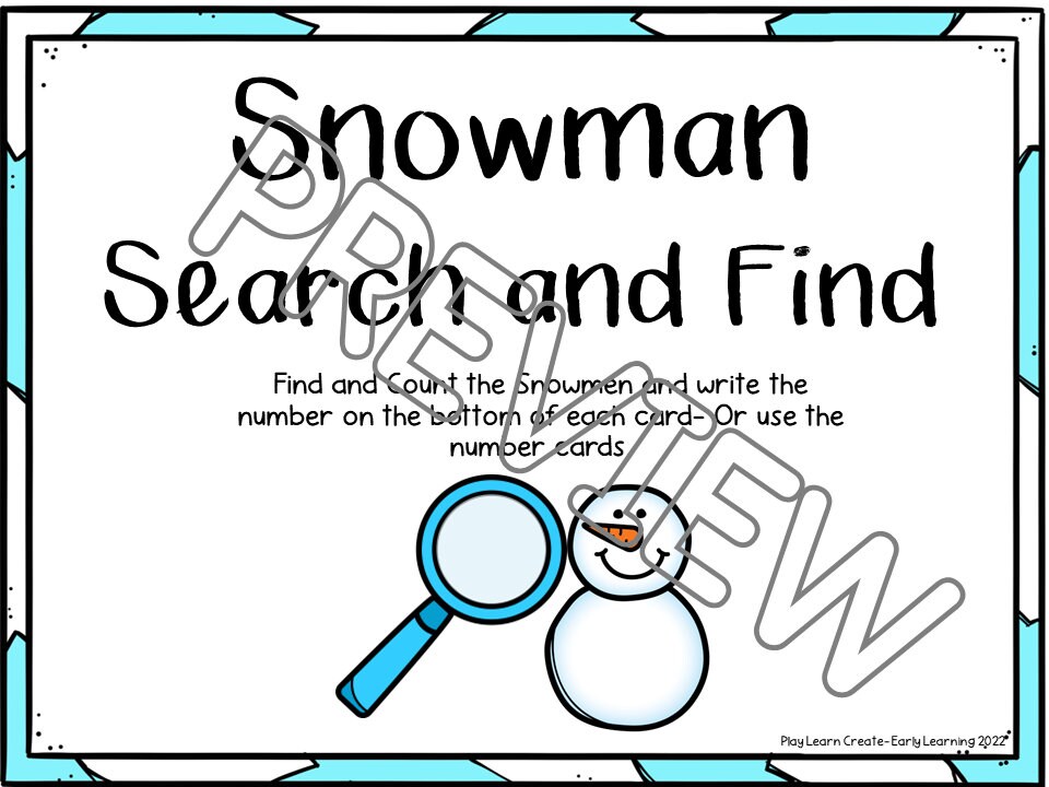 Snowman Theme Search and Count Game, Snowman Math Game, Snowman I Spy ...