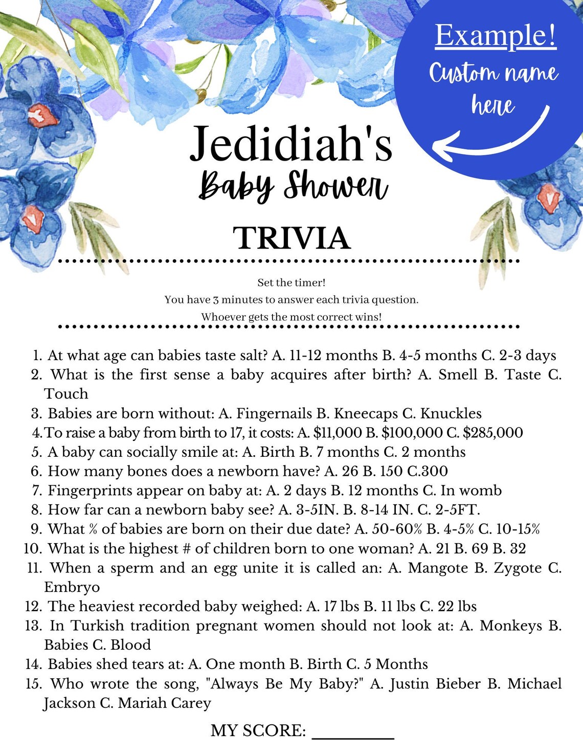 Printable Fillable Baby Shower Trivia Game Custom Name Baby - Etsy