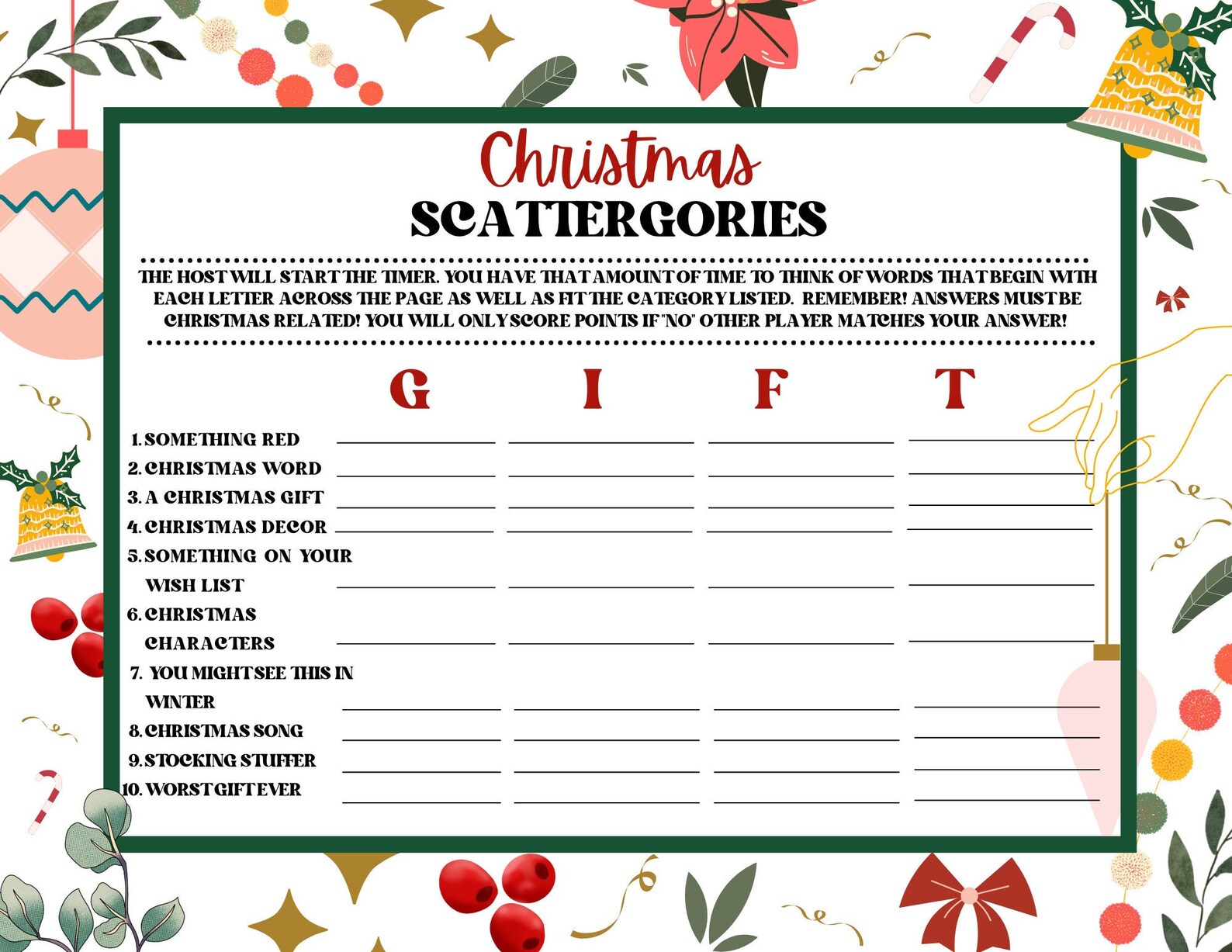 Christmas Scattergories, Group Holiday Game, Printable Christmas Game ...