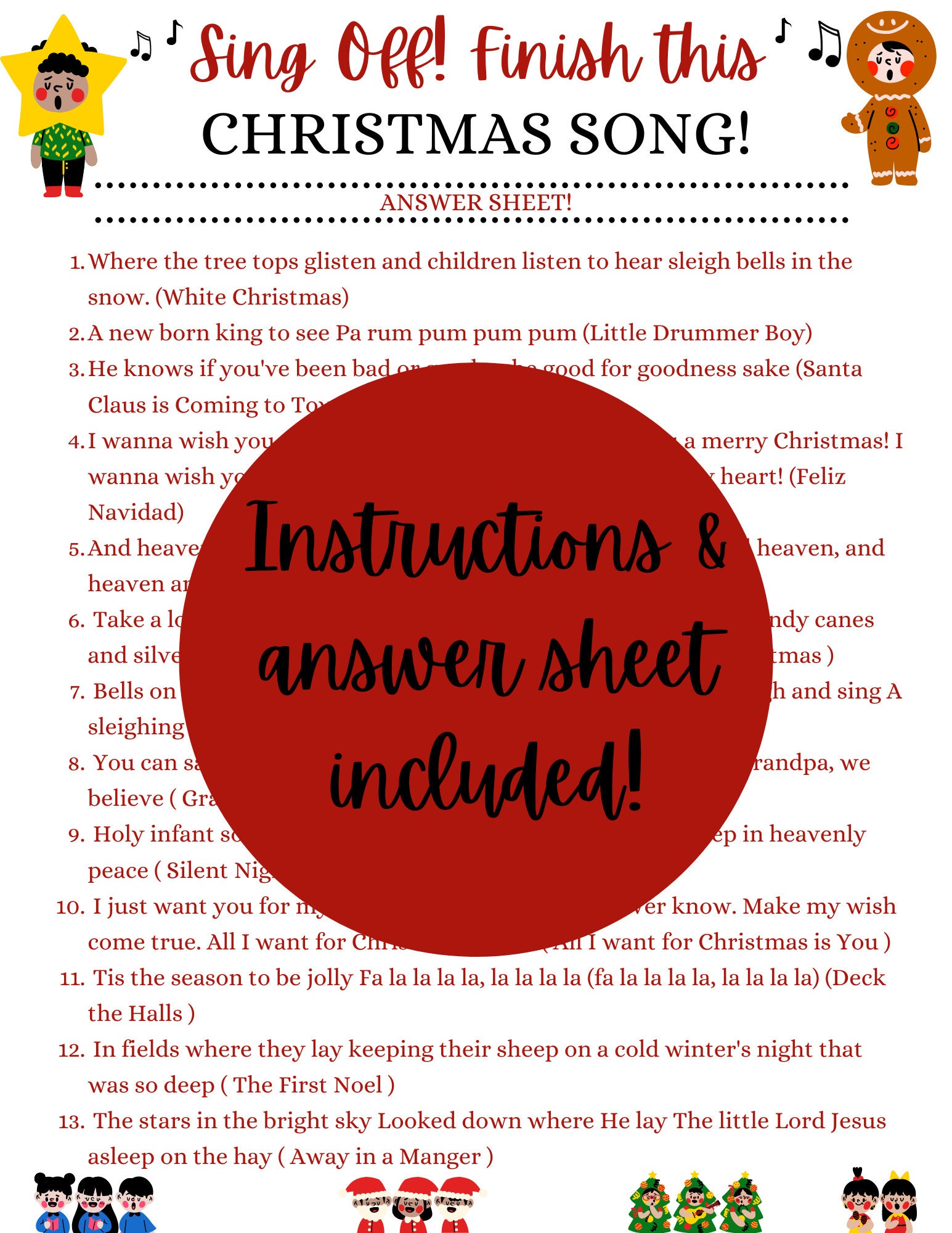 Christmas Carol Trivia Game, Holiday Party Game, Christmas Trivia ...