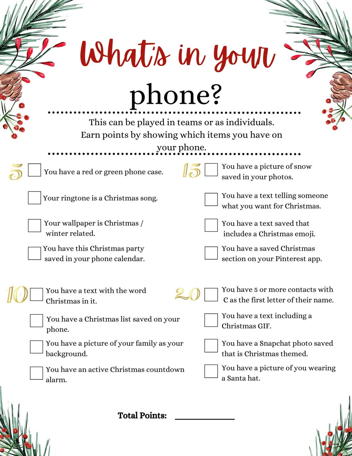 Printable Group Christmas Game, Holiday Party Game, Christmas Activity ...