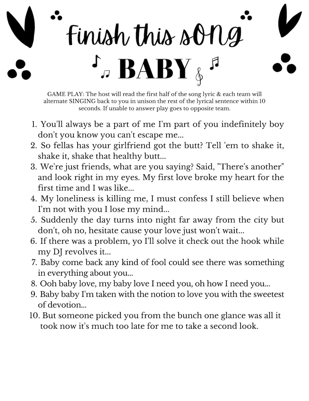Minimalist Baby Shower Game, Finish the Lyric Printable Baby Shower ...