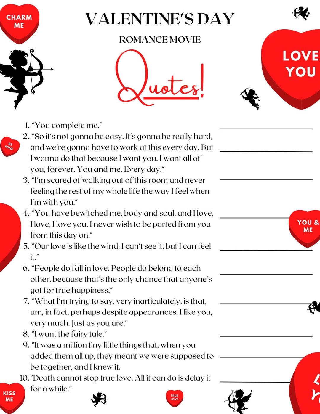 Valentine's Day Game Printable, Romance Movie Trivia, Party Games for ...